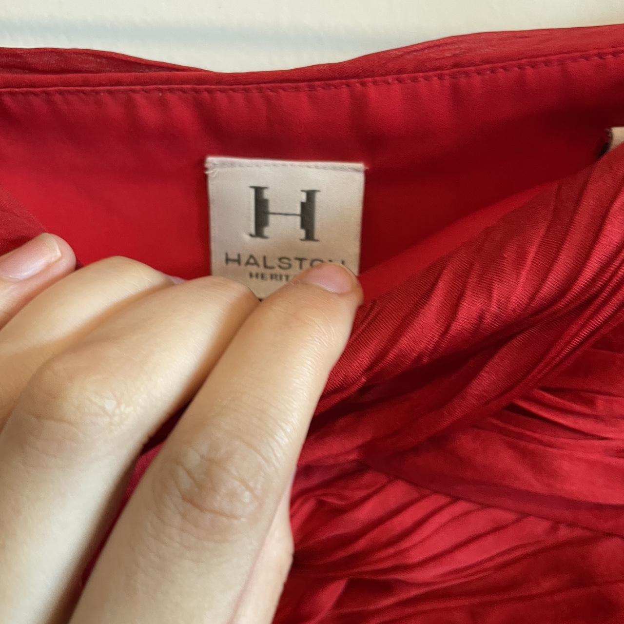 red halston heritage rouched straples mini dress in... - Depop