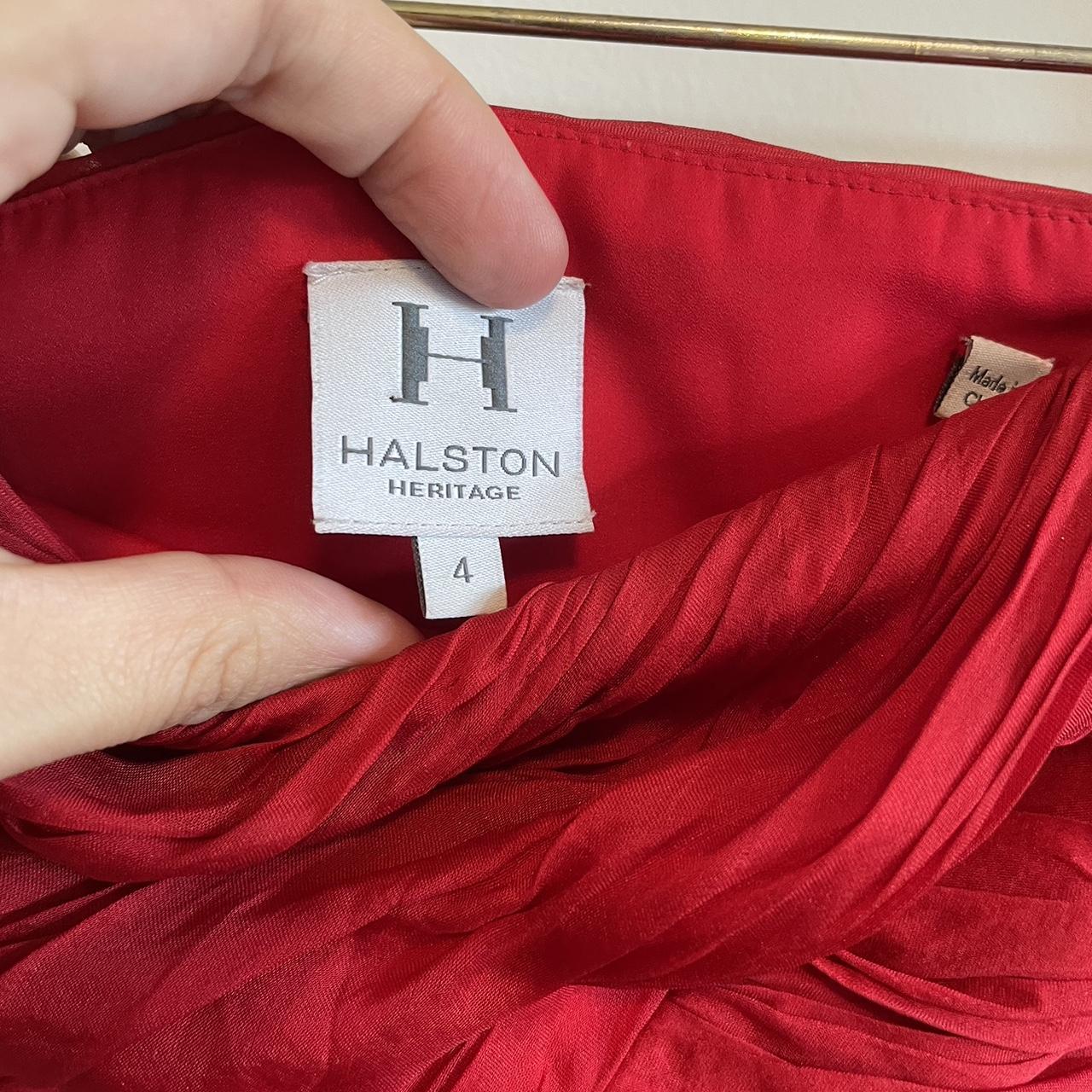 red halston heritage rouched straples mini dress in... - Depop