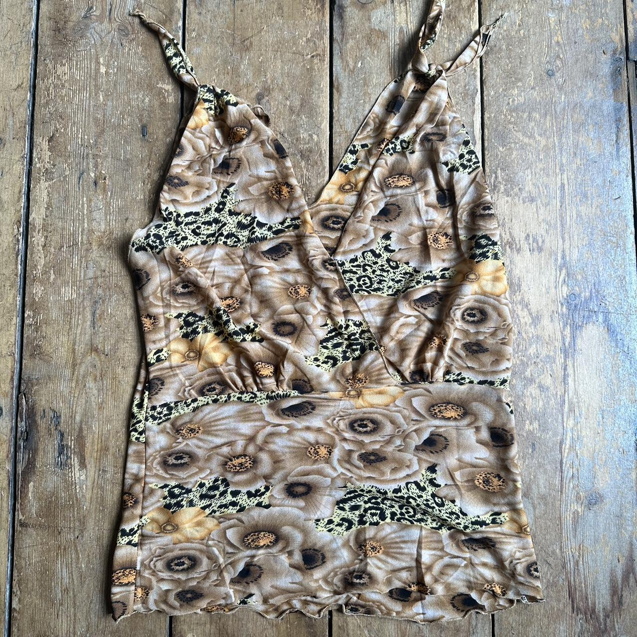 Y2K mesh leopard print cami/vest. Worn tied at back... - Depop