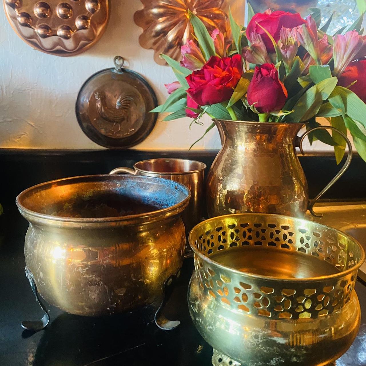 2 piece antique brass and copper flower pots - Depop