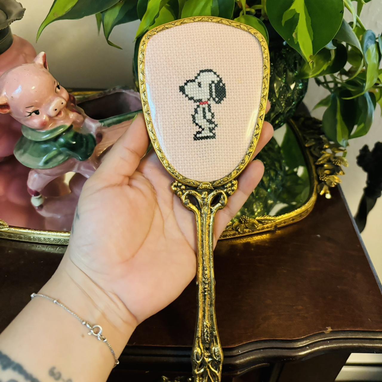 Antique gold hand held mirror with hand crossitch... - Depop