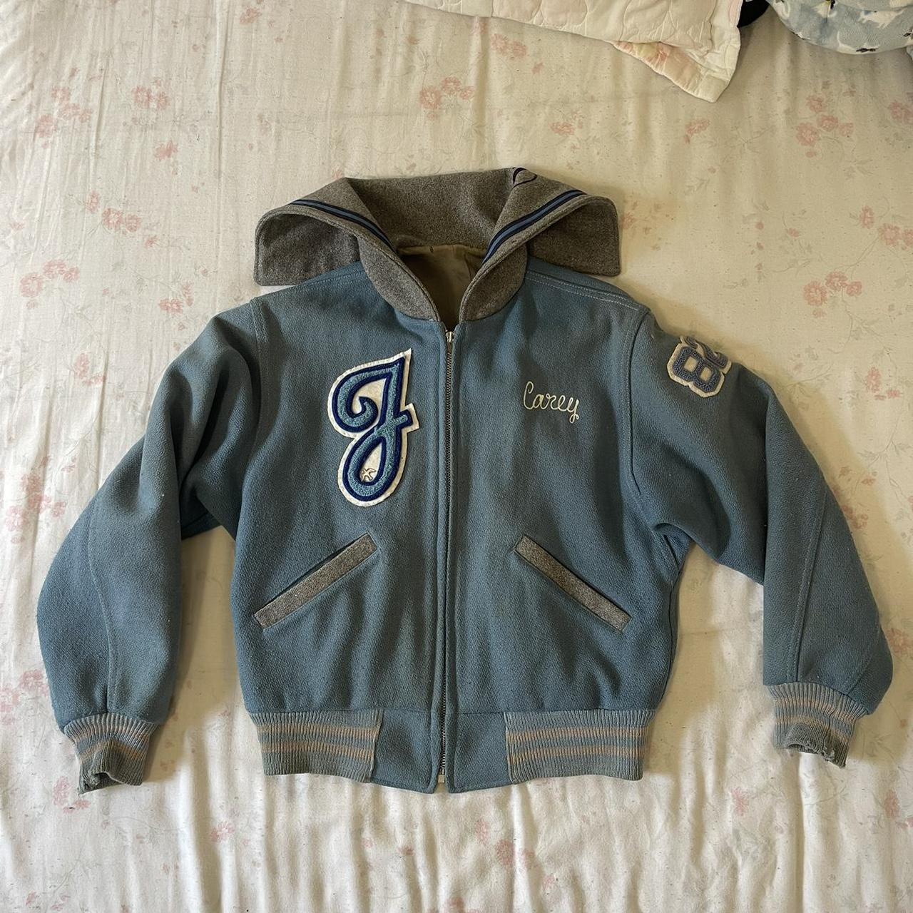 Vintage 1960s turquoise varsity jacket. Thick wool... - Depop