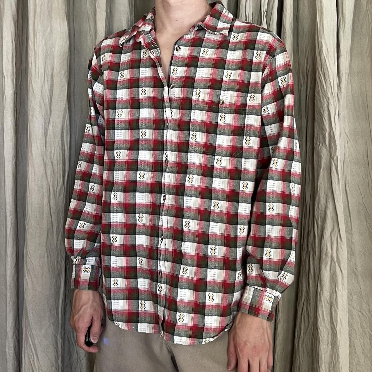 Vintage red and gray plaid long sleeve button front... - Depop