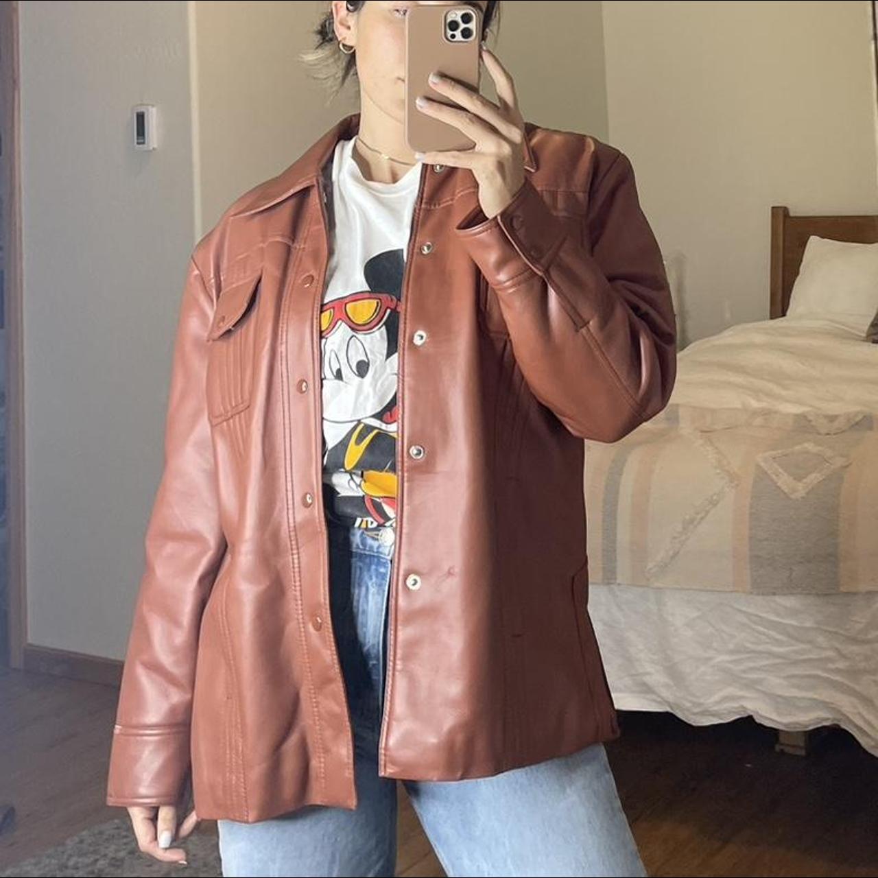 Reddish brown faux leather jacket with faux fur... - Depop