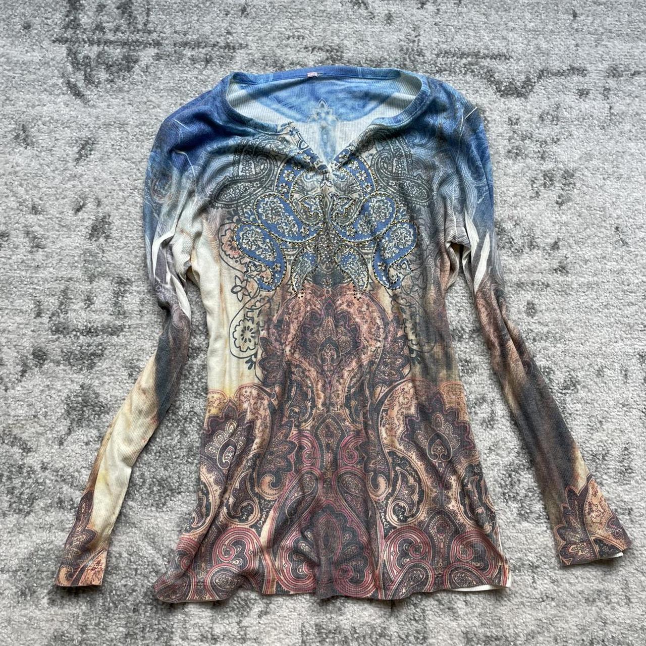 Y2k grunge all over print long sleeve sparkle... - Depop