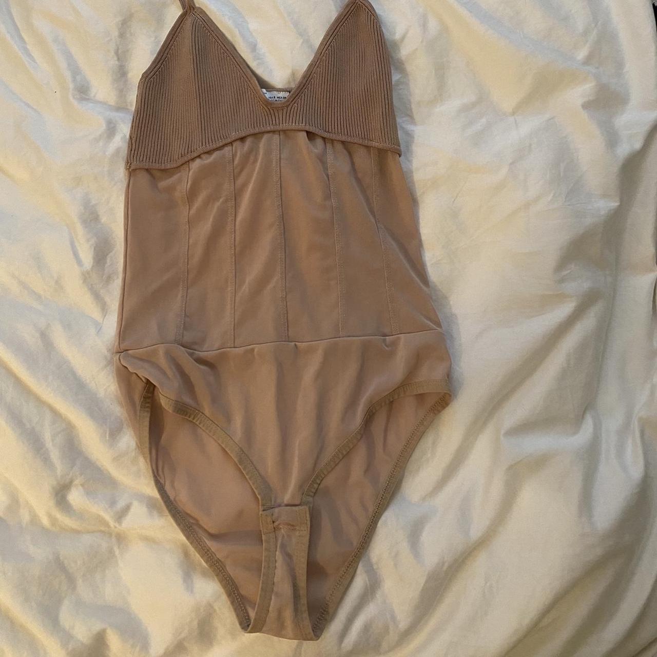 Zara camel colored body suit with mesh bodice... - Depop