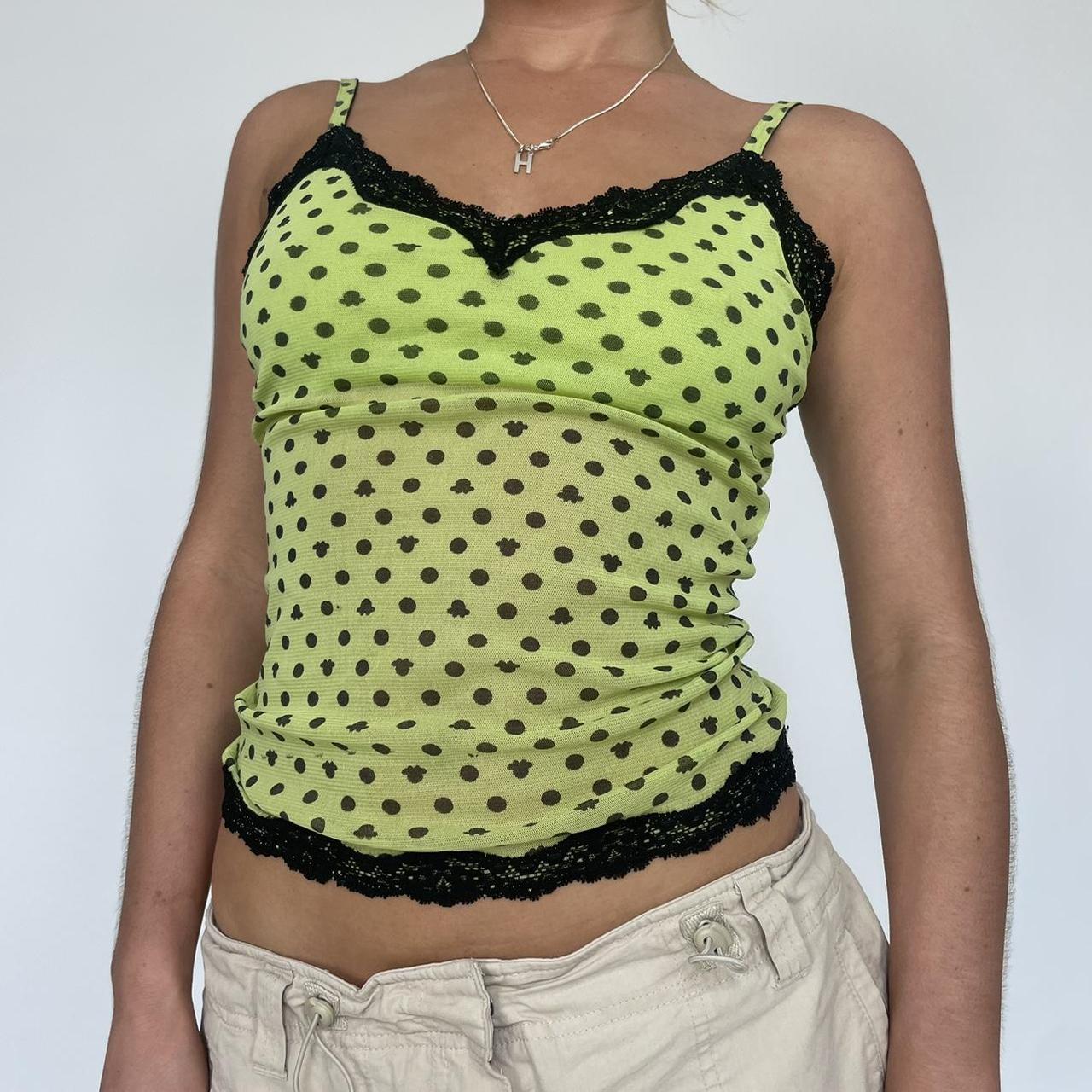 Green spotty micro mesh top with lace trim seen on... - Depop