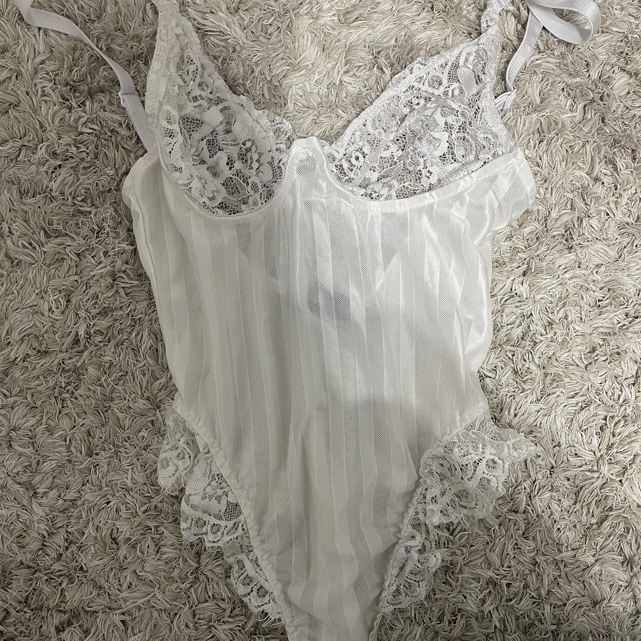 White lace bodysuit Hardly worn #lace #white... - Depop