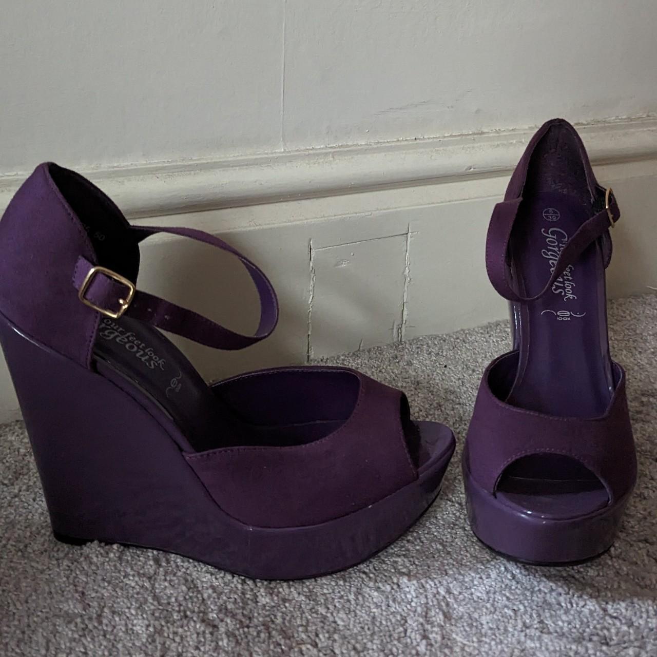 Dark purple platform heels wedges with open toe UK... - Depop