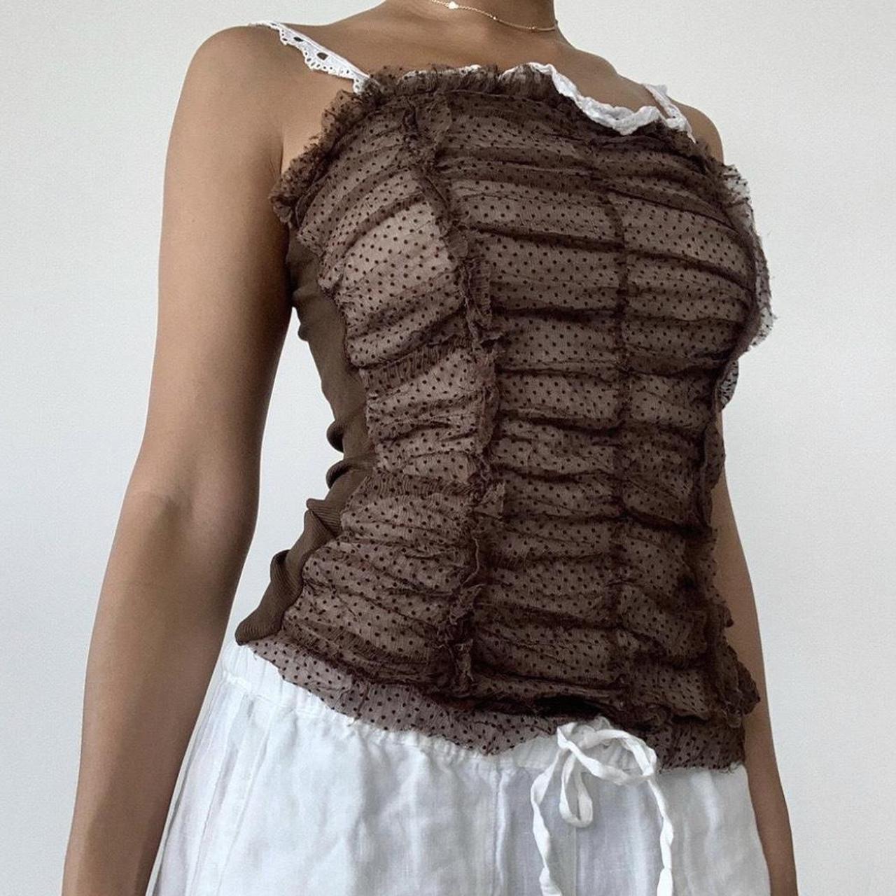 Vintage brown sheer cami top Polka dot detailing... - Depop