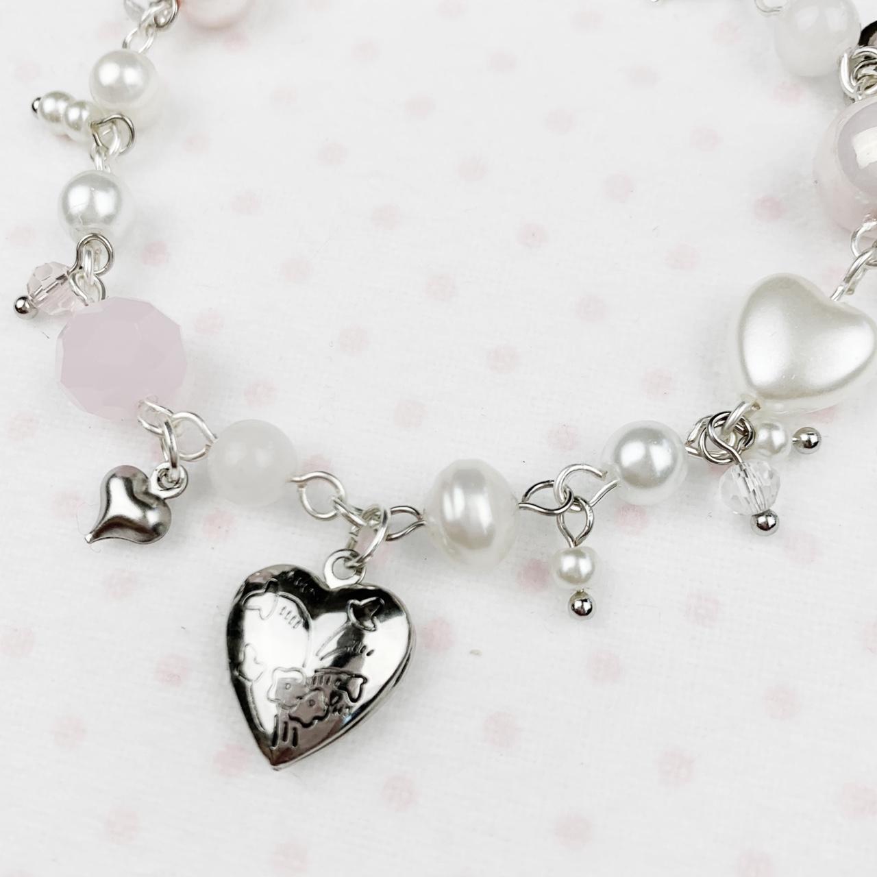 love locket bracelet ♡౨ৎ pink and white beaded... - Depop