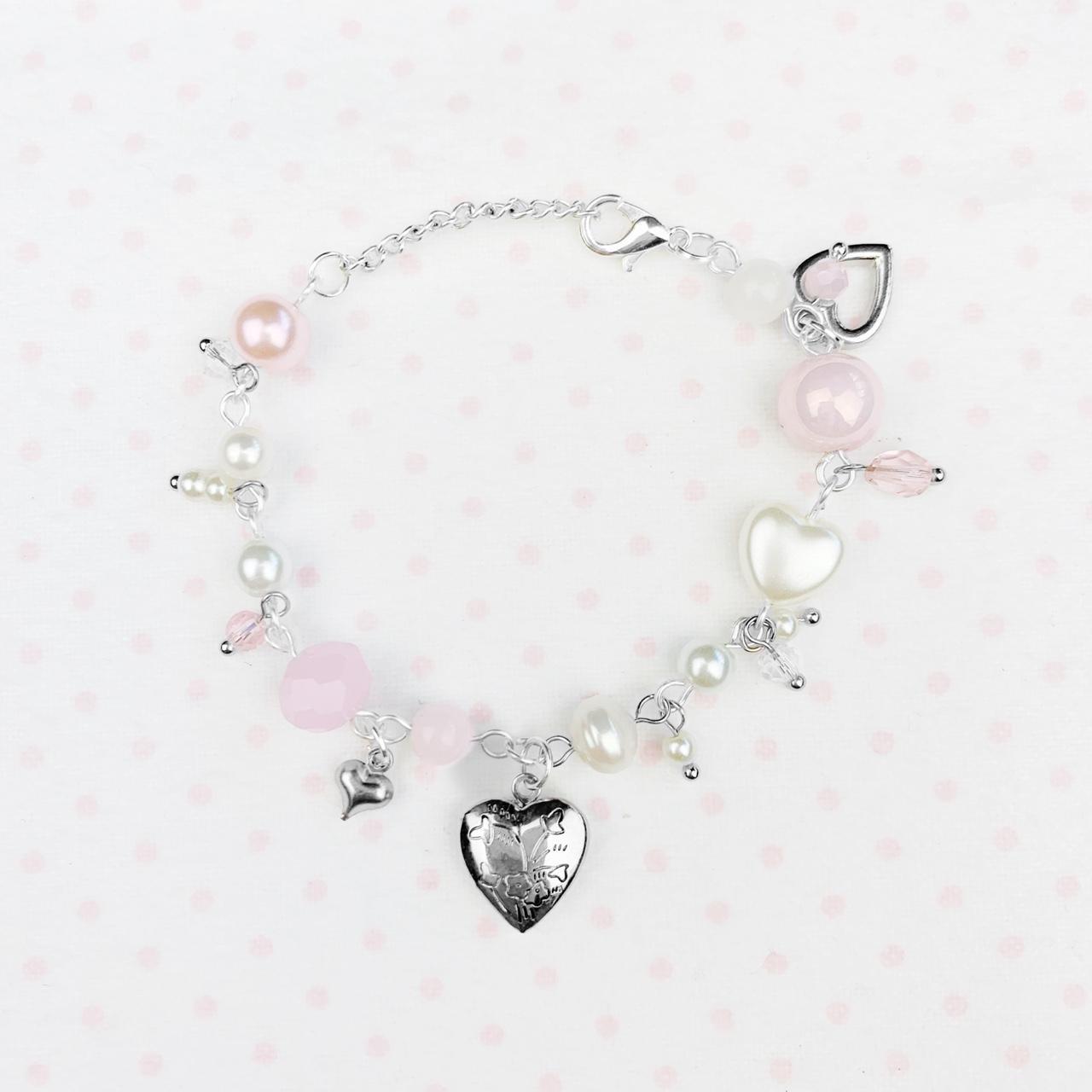 love locket bracelet ♡౨ৎ pink and white beaded... - Depop