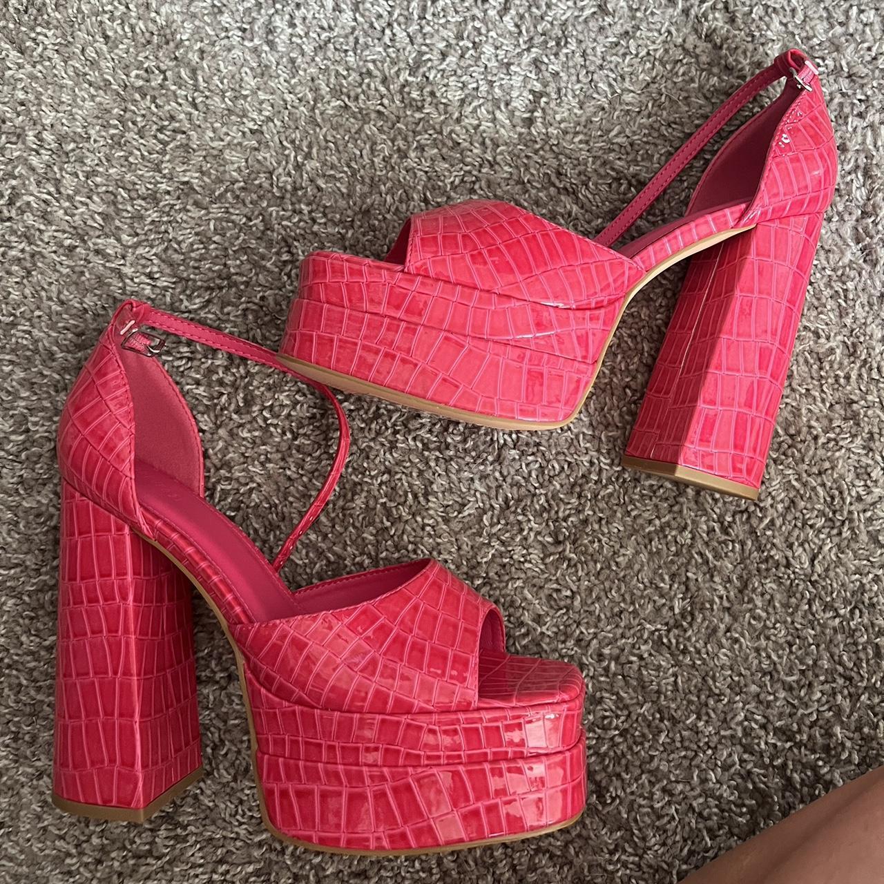 Brand new hot pink platform heels with faux croc... - Depop