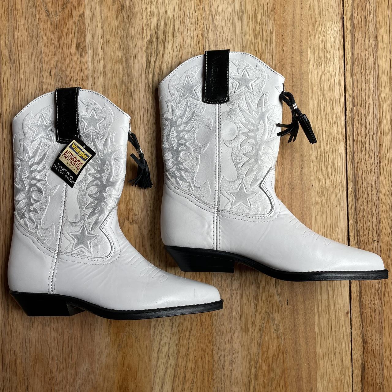 White cowboy boots with silver embossing and black... - Depop