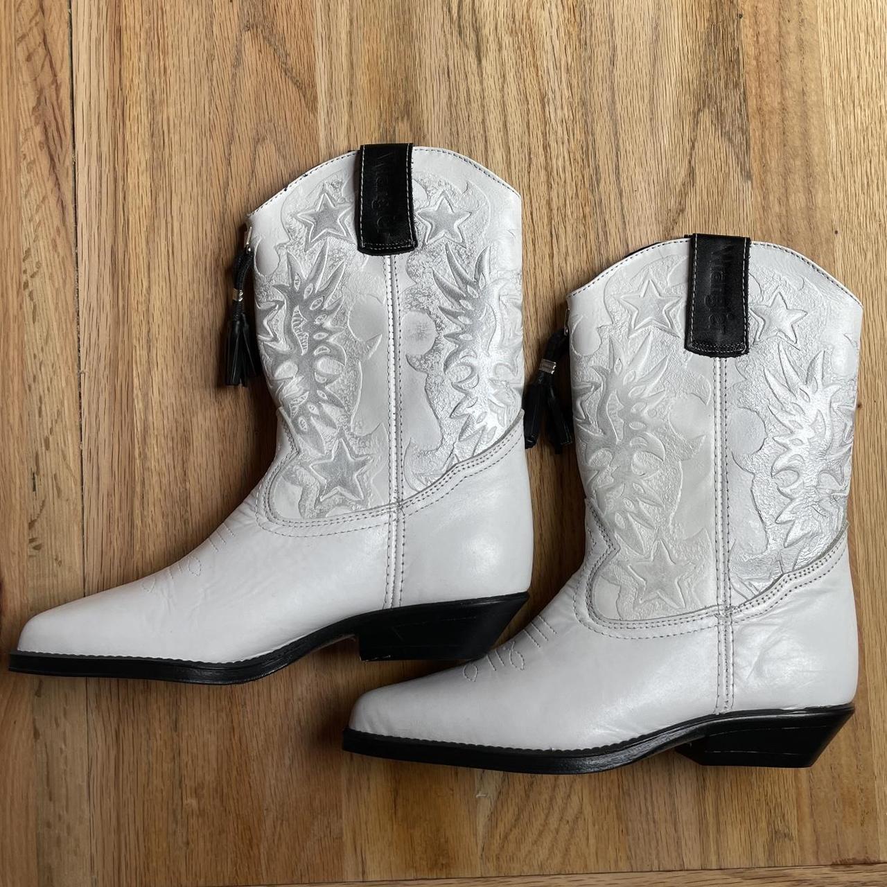 White cowboy boots with silver embossing and black... - Depop