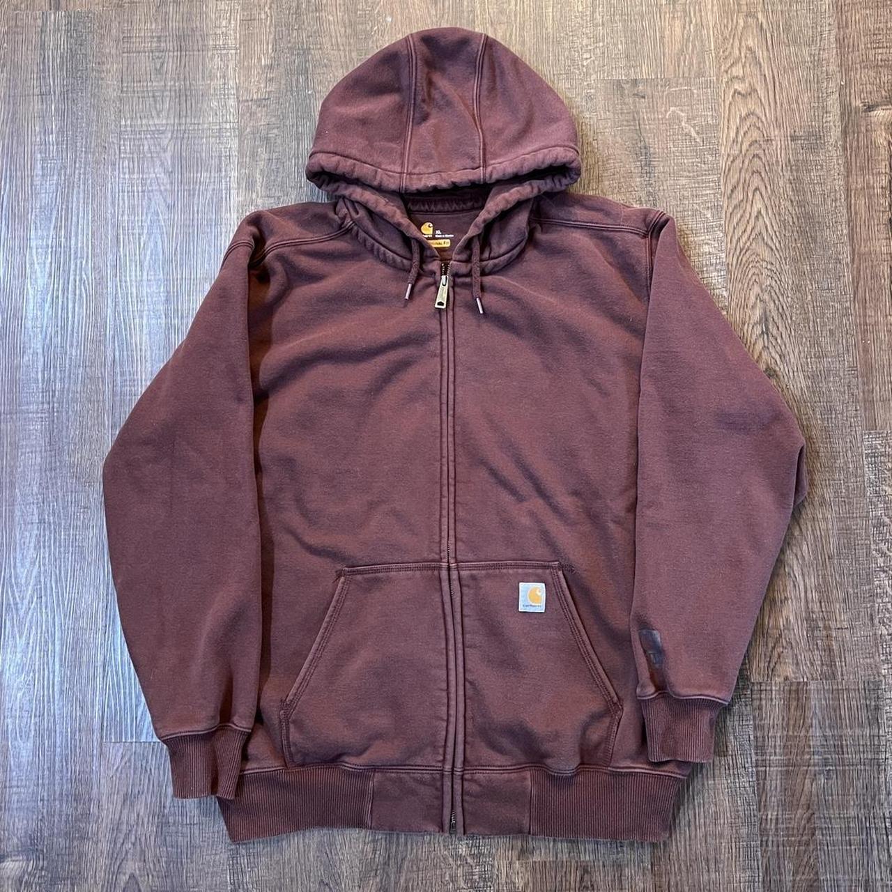 Carhartt Maroon Zip-Up Hoodie Sz. XL (Rain... - Depop
