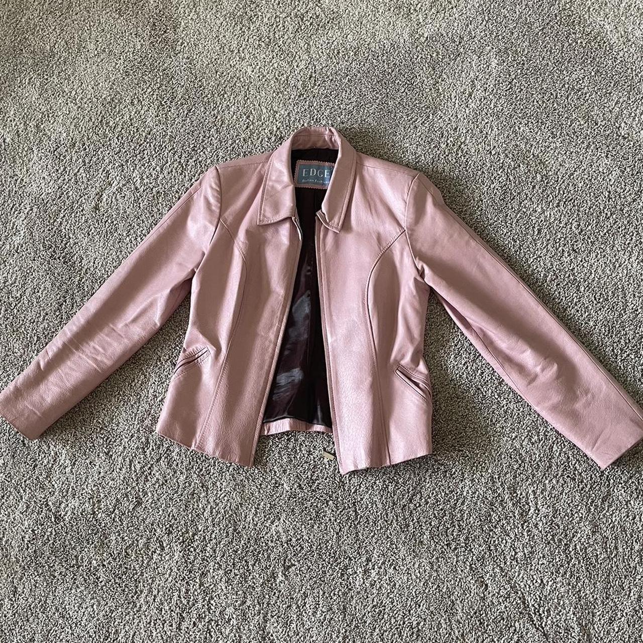 Pink Leather Jacket Racer/Biker jacket style 100%... - Depop