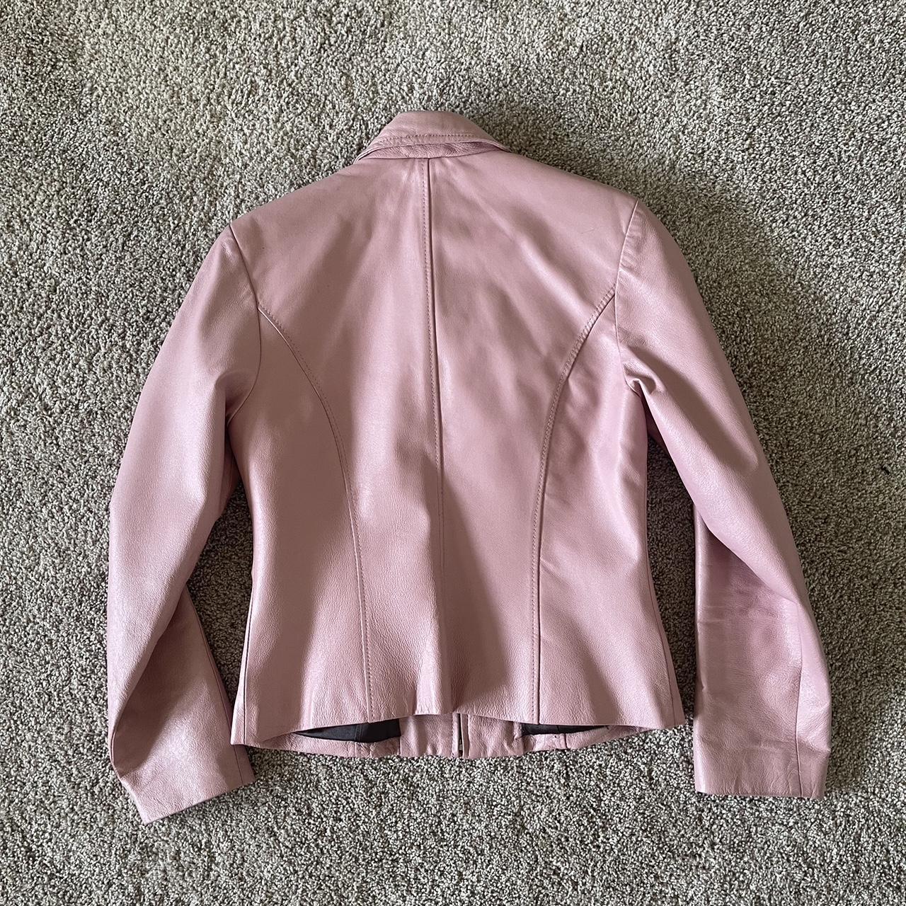 Pink Leather Jacket Racer/Biker jacket style 100%... - Depop