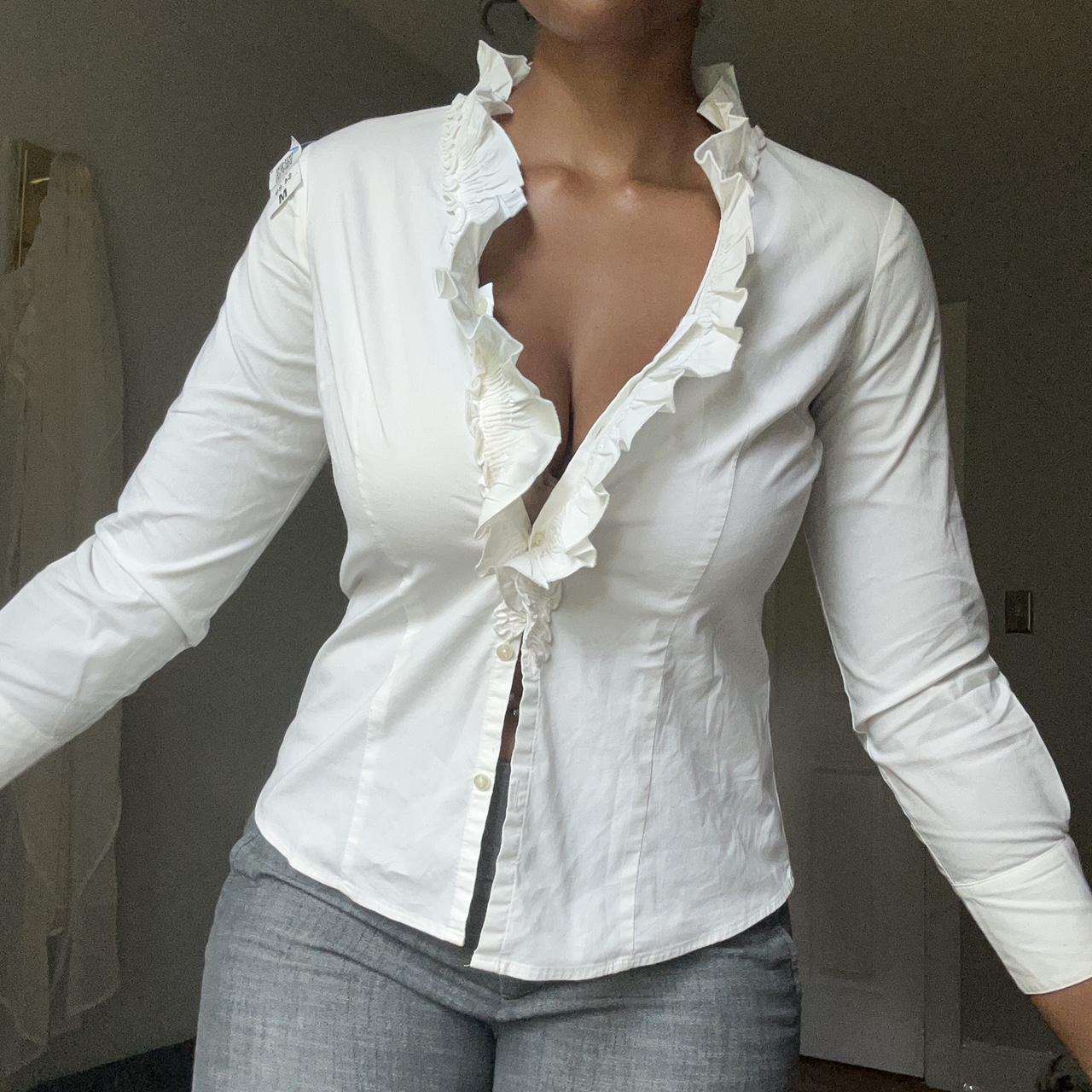 Vintage y2k office siren white ruffle button up that... - Depop