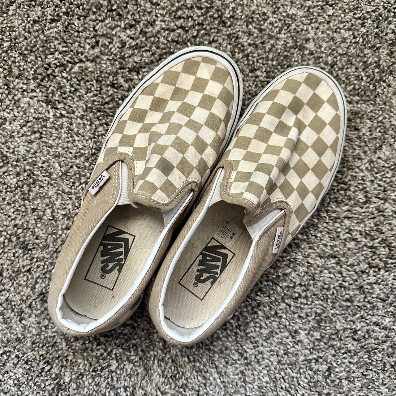 Tan & white classic checkered slip on vans 🧸 Still... - Depop