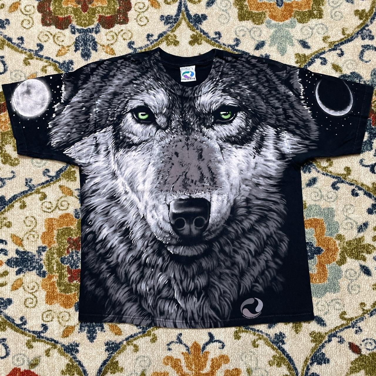 Vintage Liquid Blue Wolf Moon Nature AOP T Shirt Sz... - Depop
