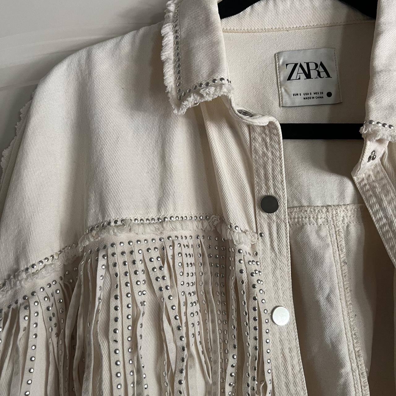 Zara cream fringe western style soft denim jacket... - Depop