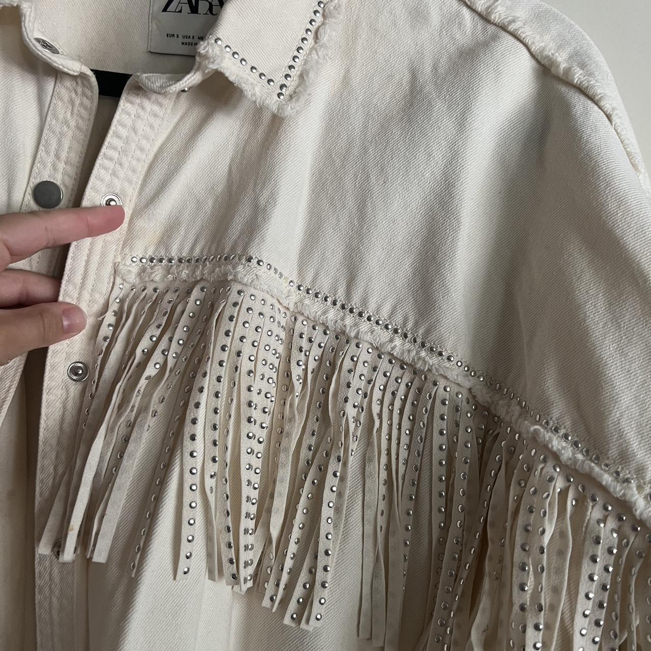 Zara cream fringe western style soft denim jacket... - Depop