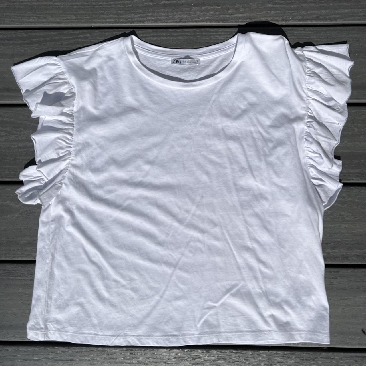 Zara ruffle sleeve white cotton t-shirt, like new,... - Depop
