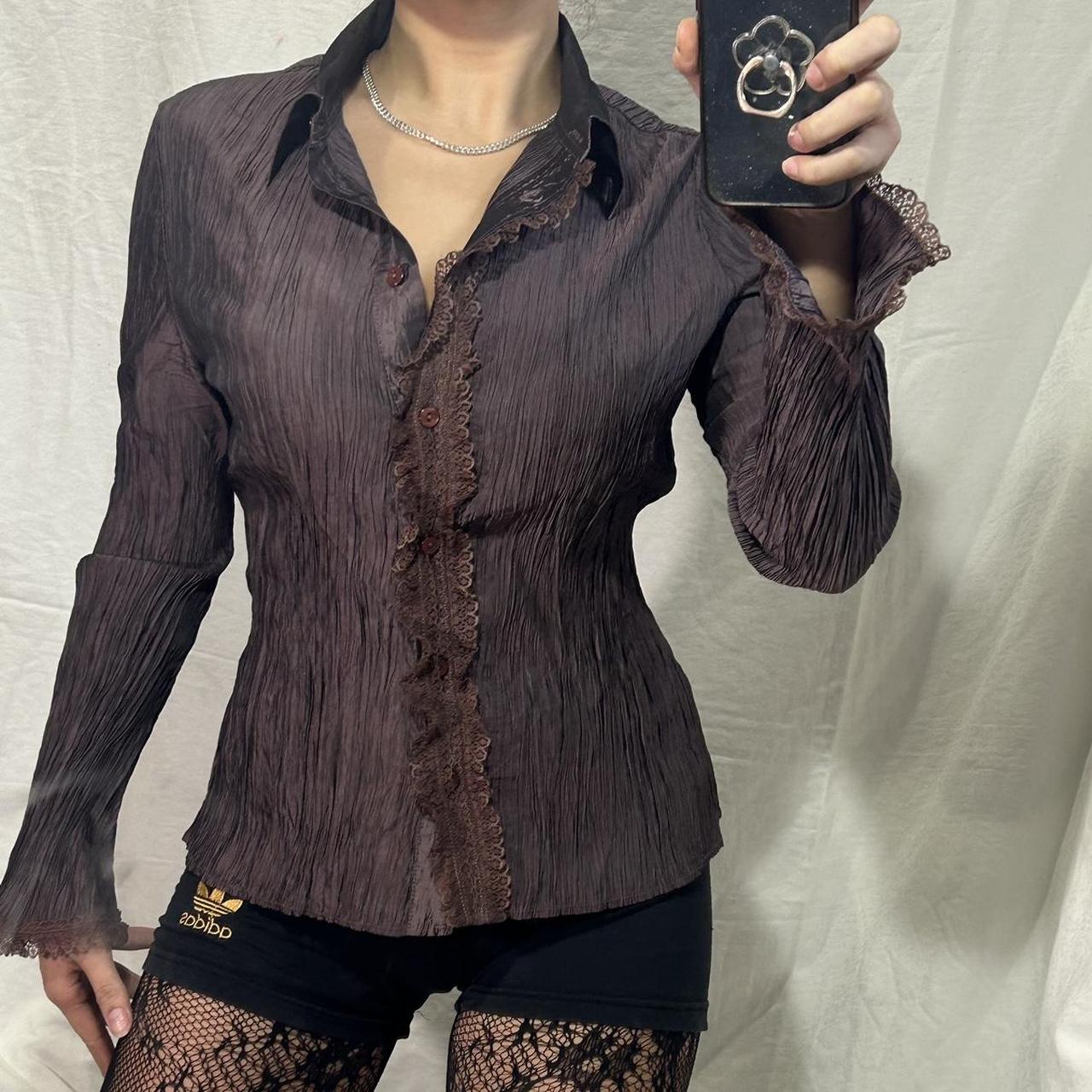 Brown ribbed long sleeve button up top shirt top... - Depop