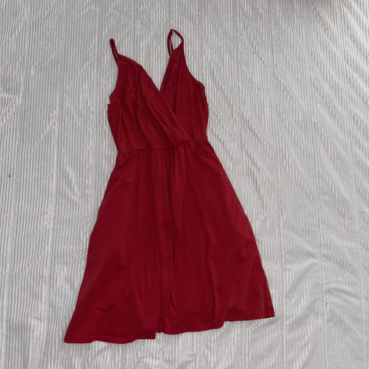 cherry red dress with deep v neckline and pockets!!!... - Depop