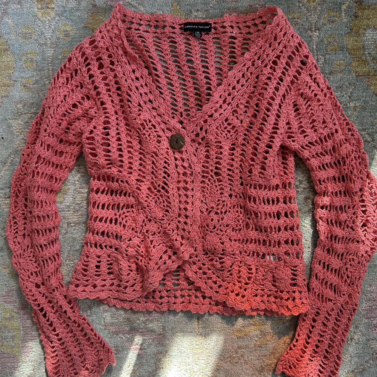 boho sparkly coral pink crocheted cardigan hard to... | Depop