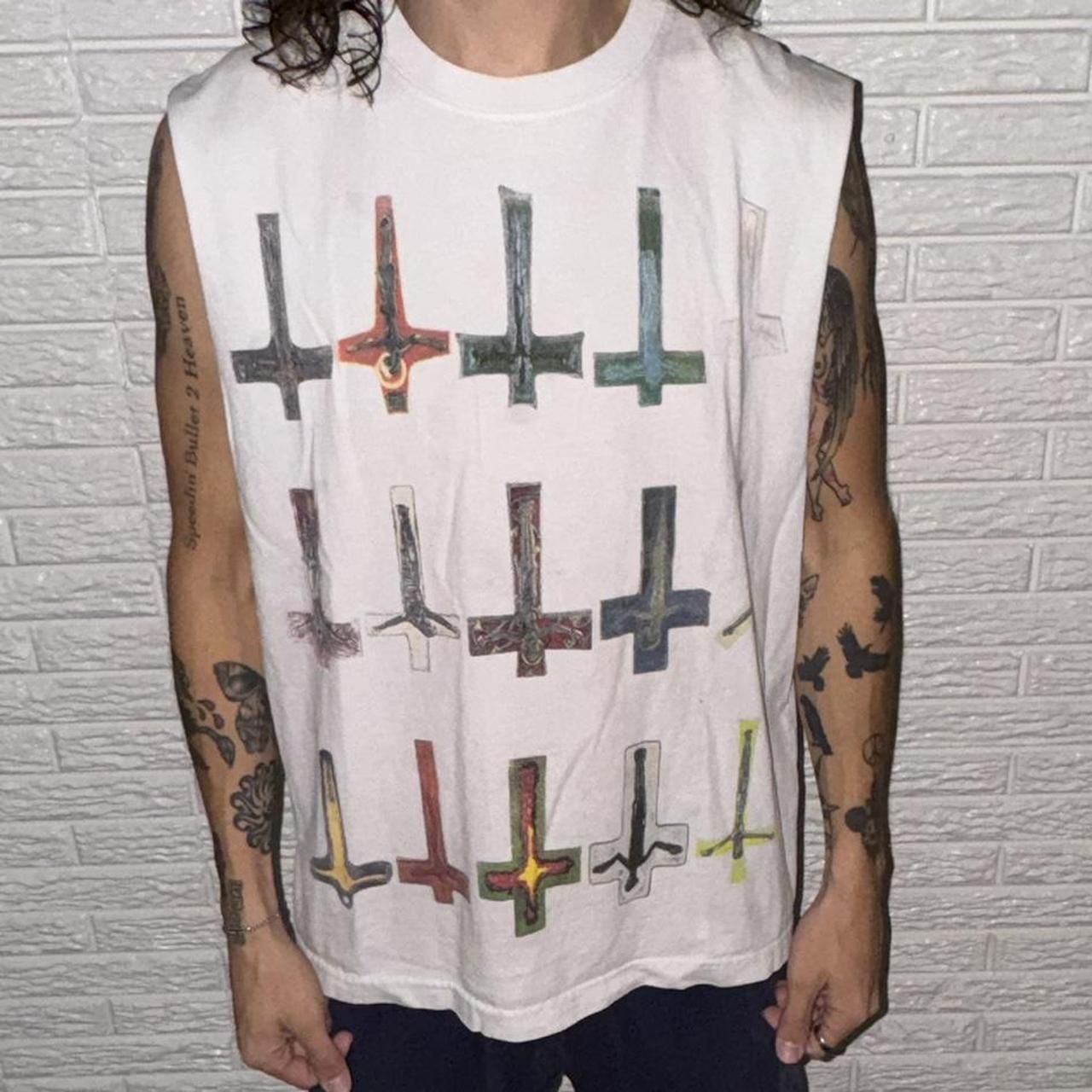 White Playboi Carti WLR Tee Upside Down Cross Size... - Depop