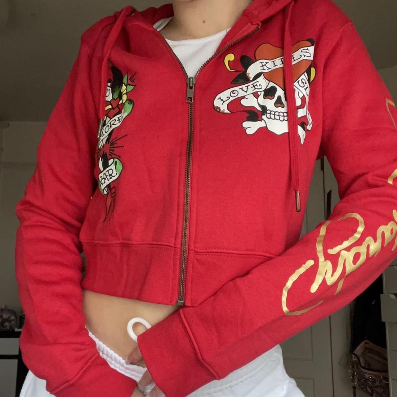 Cutest Ed Hardy zip up jacket Red with classic ed... - Depop