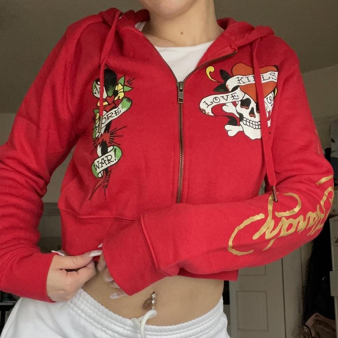 Cutest Ed Hardy zip up jacket Red with classic ed... - Depop
