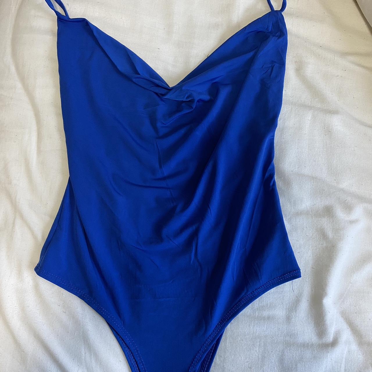 beautiful dark blue cowl neck bodysuit size... - Depop