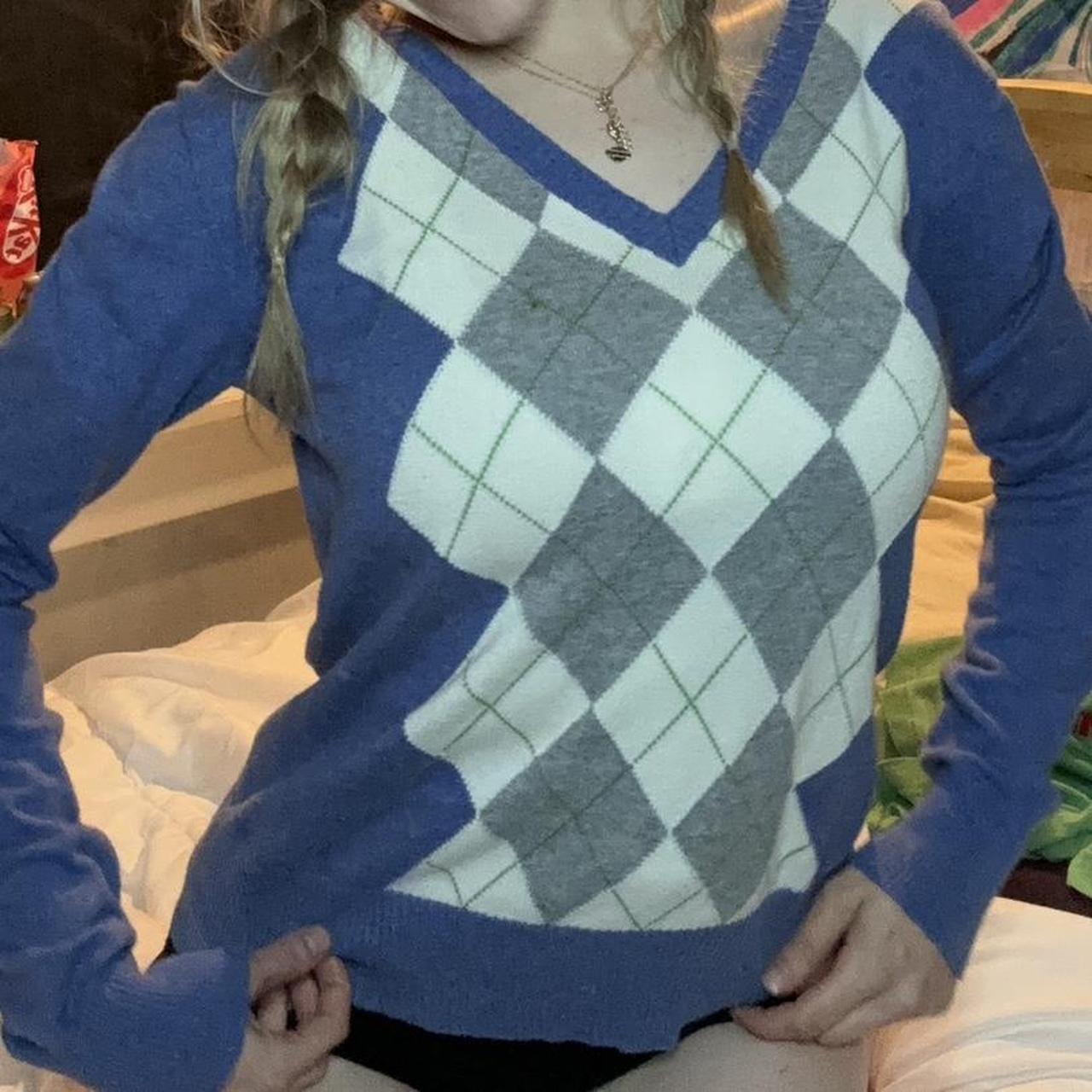 Blue grey white plaid sweater - Depop