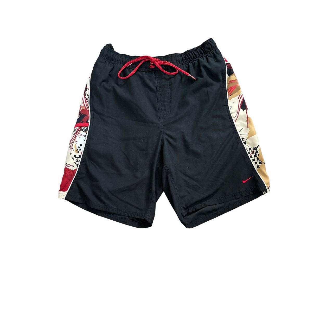 VINTAGE Y2K NIKE MEN'S BLACK/RED SWIM TRUNKS SZ... - Depop