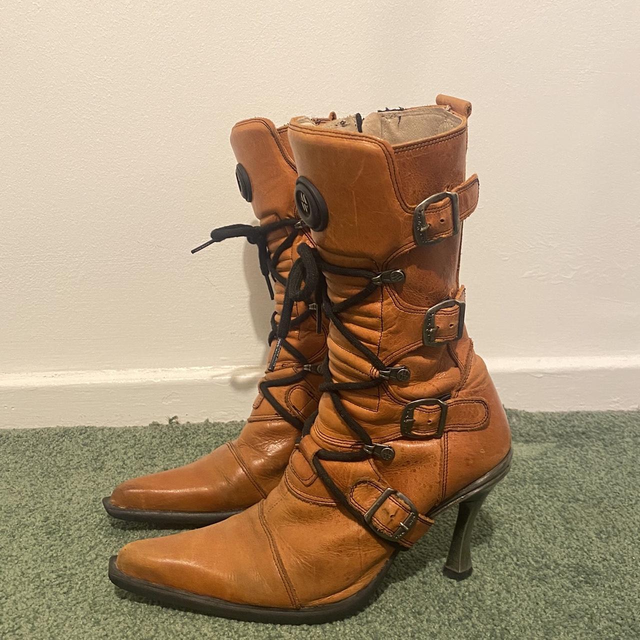 NEW ROCK orange leather high heel boots, pointy tips... - Depop