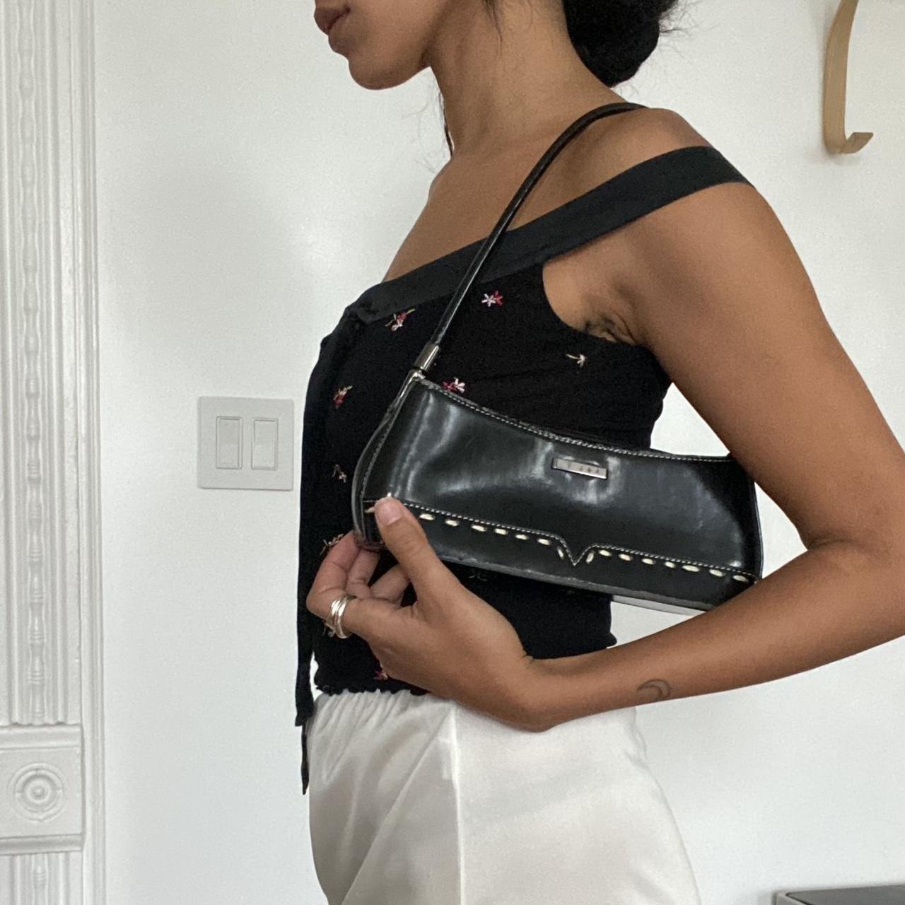 Super cute mini purse in black with cream stitching... - Depop