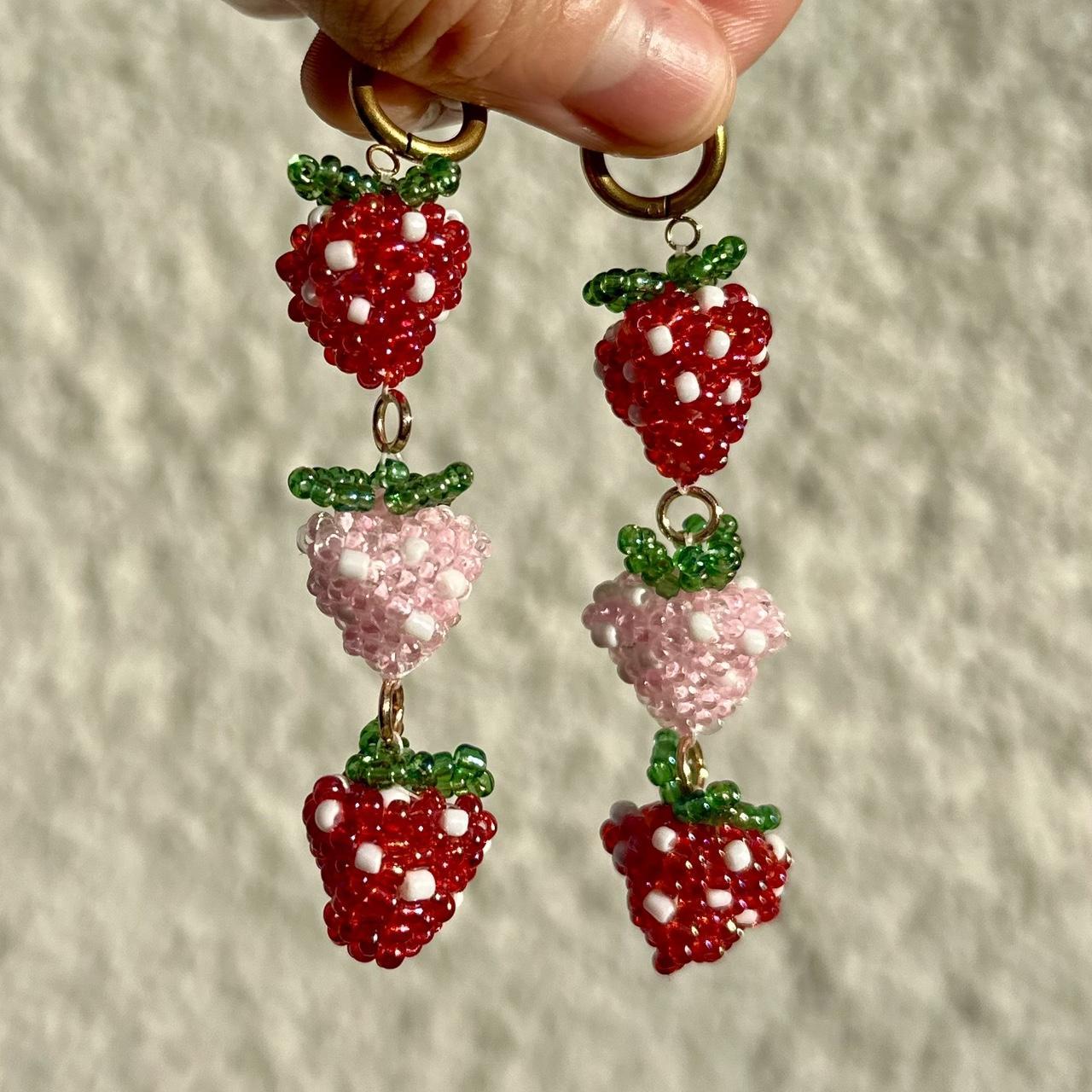 strawberry stack beaded earrings 🍓🍓🍓 hand beaded by... - Depop