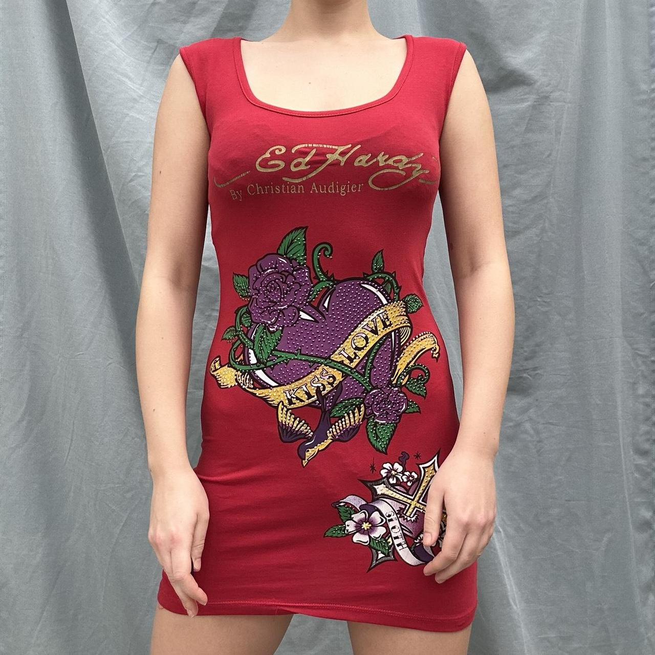 y2k vintage Ed Hardy red stretchy fit short sleeved... - Depop