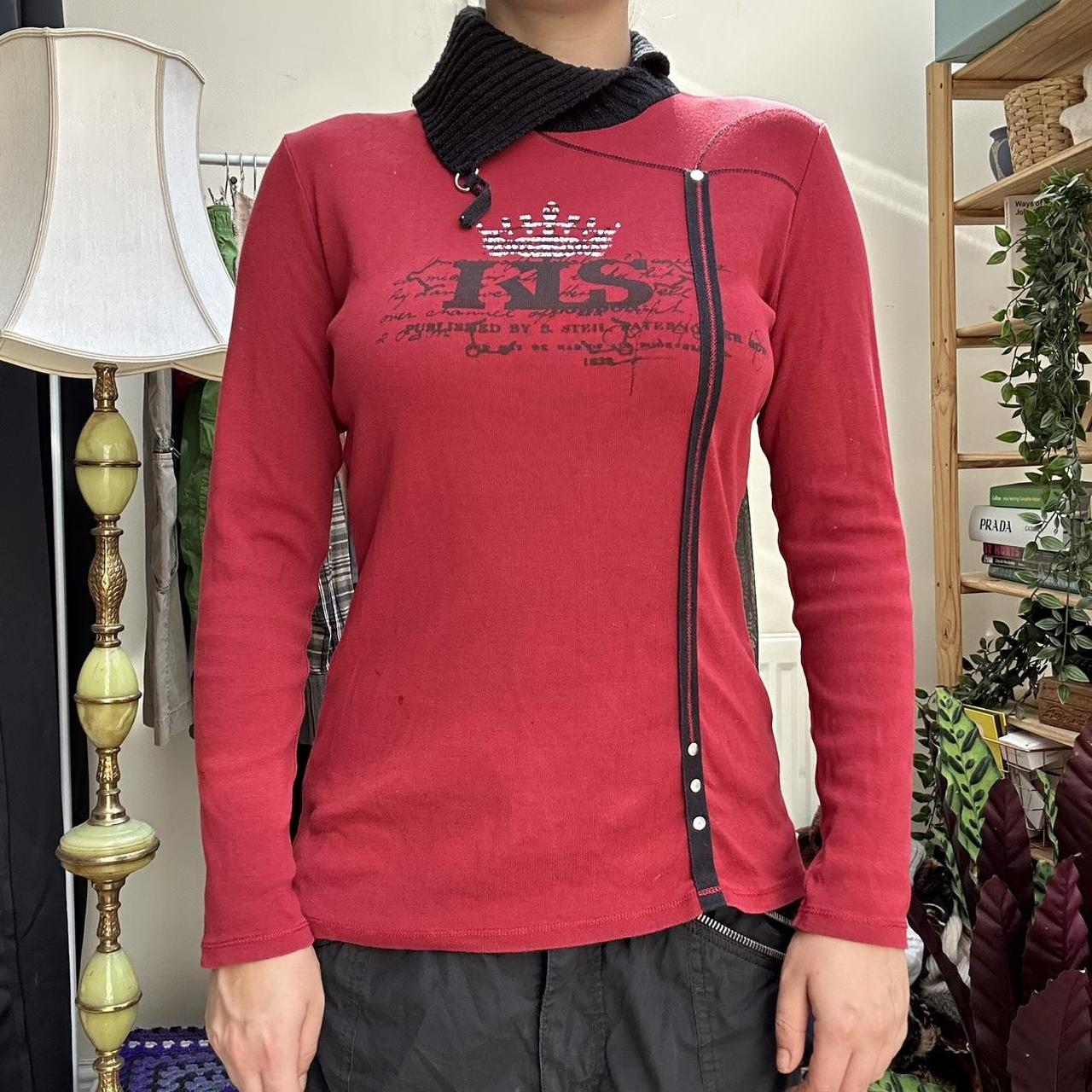 Y2k vintage red and black cotton long sleeved... - Depop