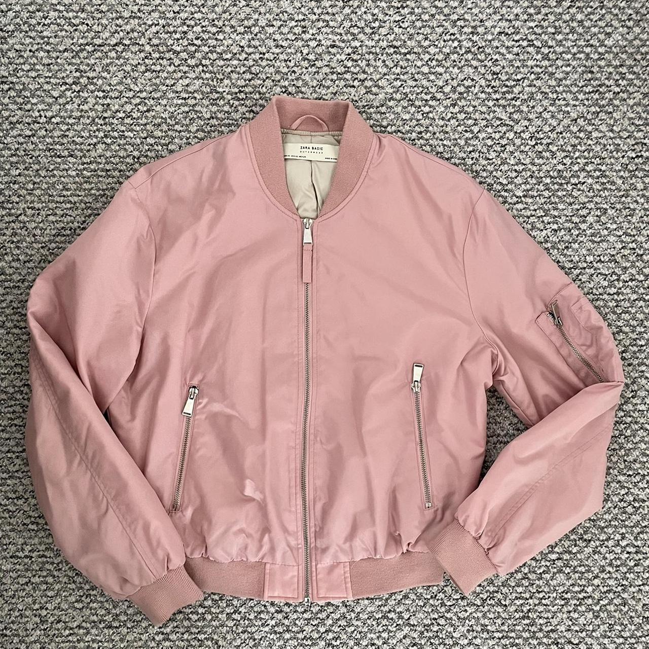 zara basic pink bomber jacket has some general wear... - Depop