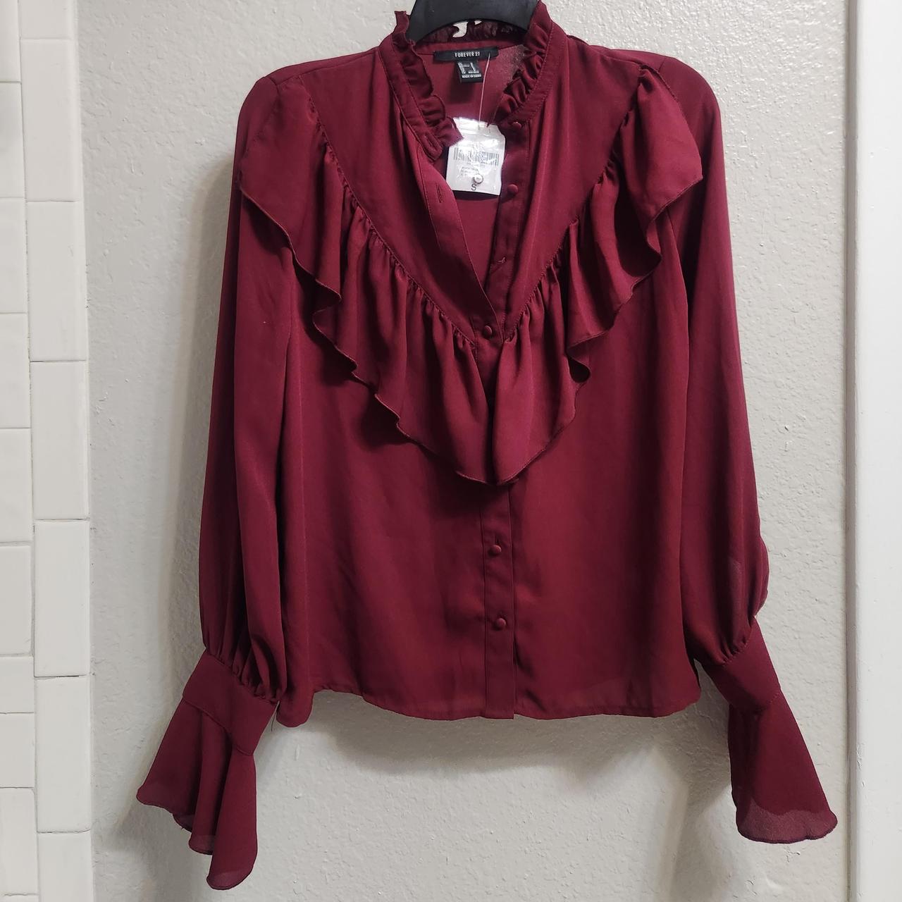 Burgundy size small ruffle long sleeve blouse. Brand... - Depop