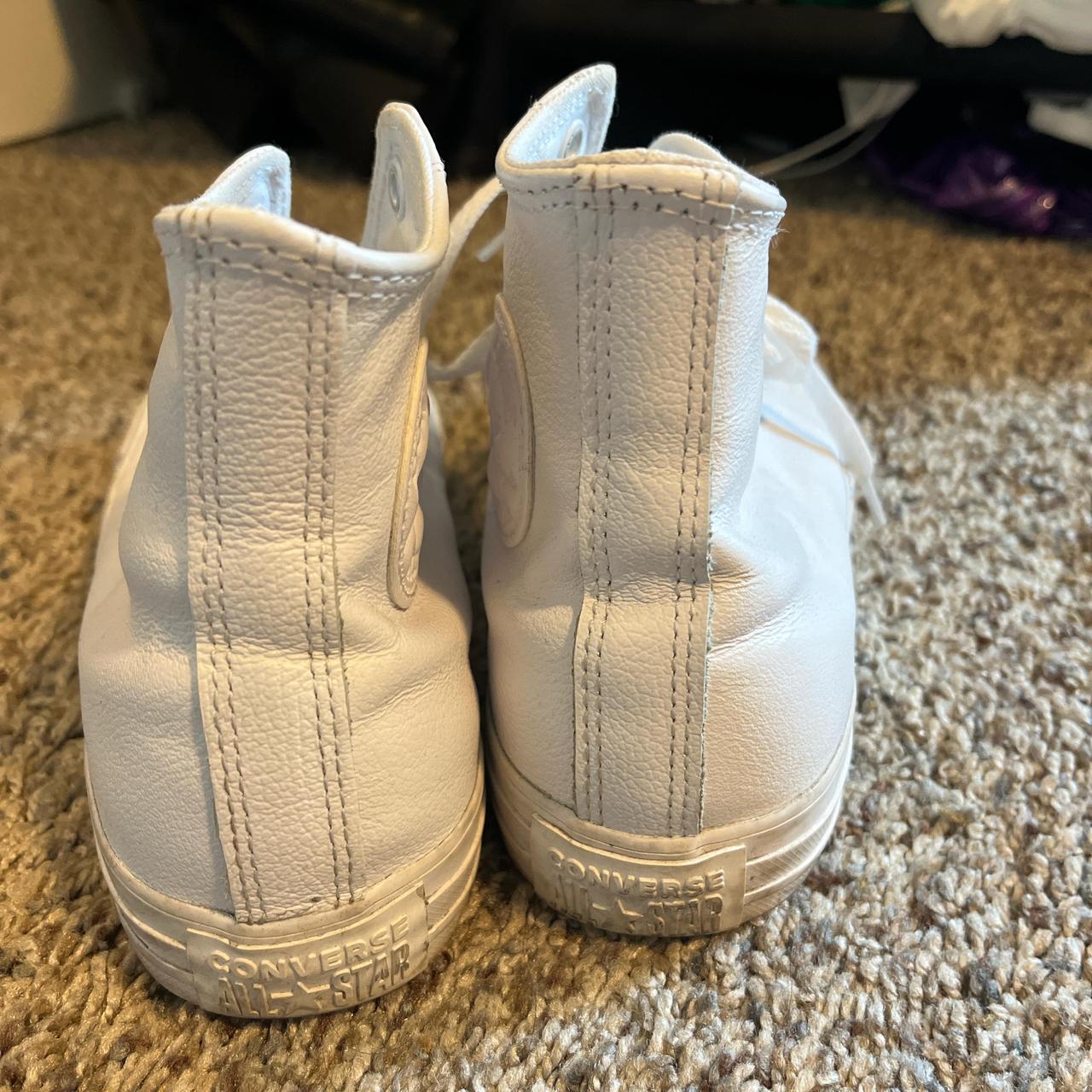 White Pleather High Top Converse, (tag is 7.5 but... - Depop