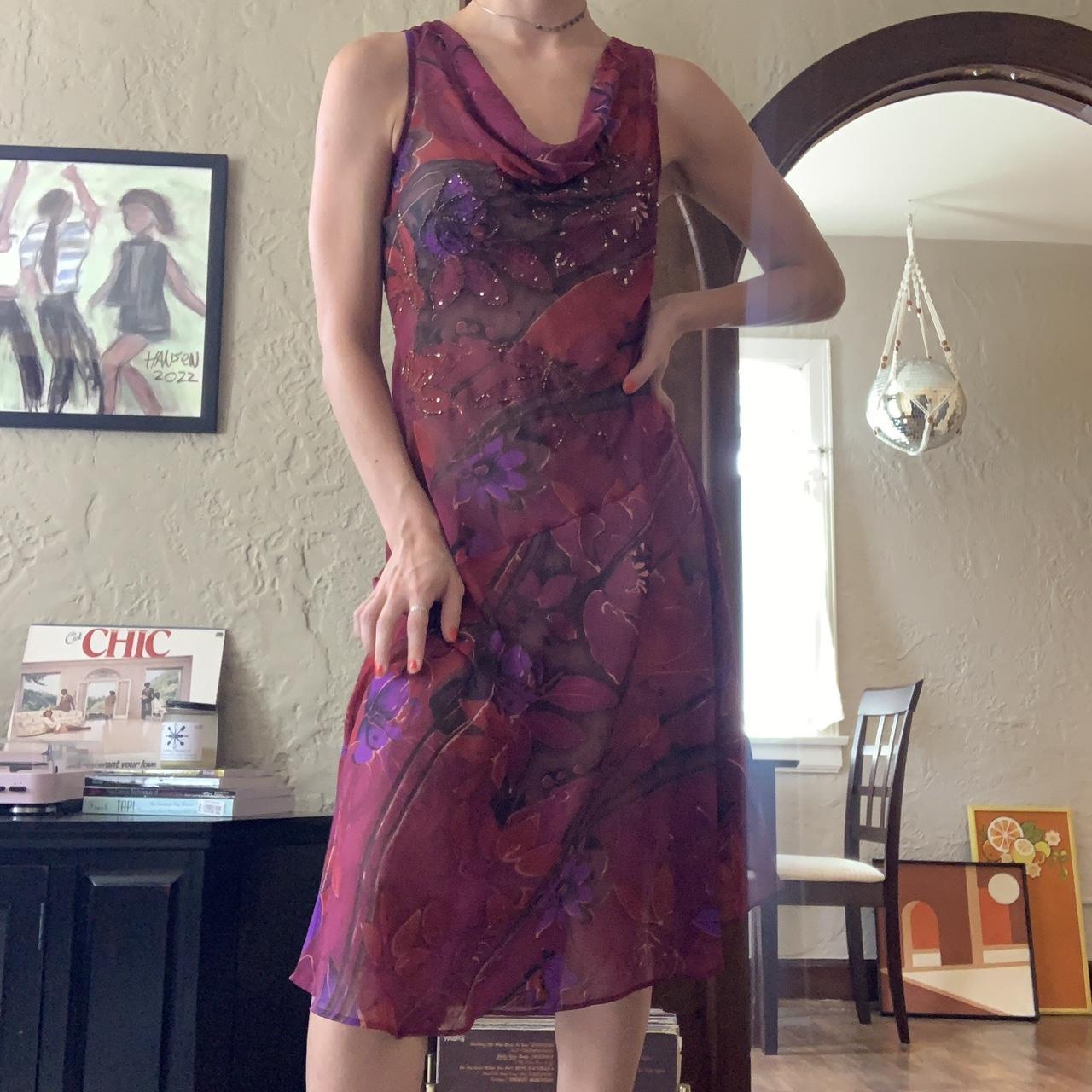 90s / y2k cowlneck sheer floral graphic print modi’s... - Depop