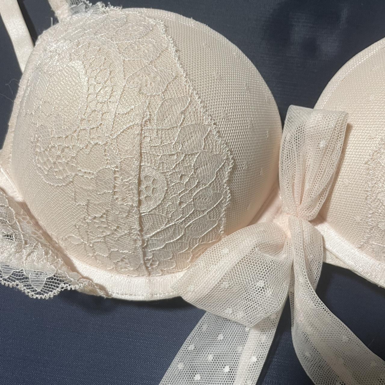 EXTRA PUSH UP bra, pink with lace straps and bow - Depop