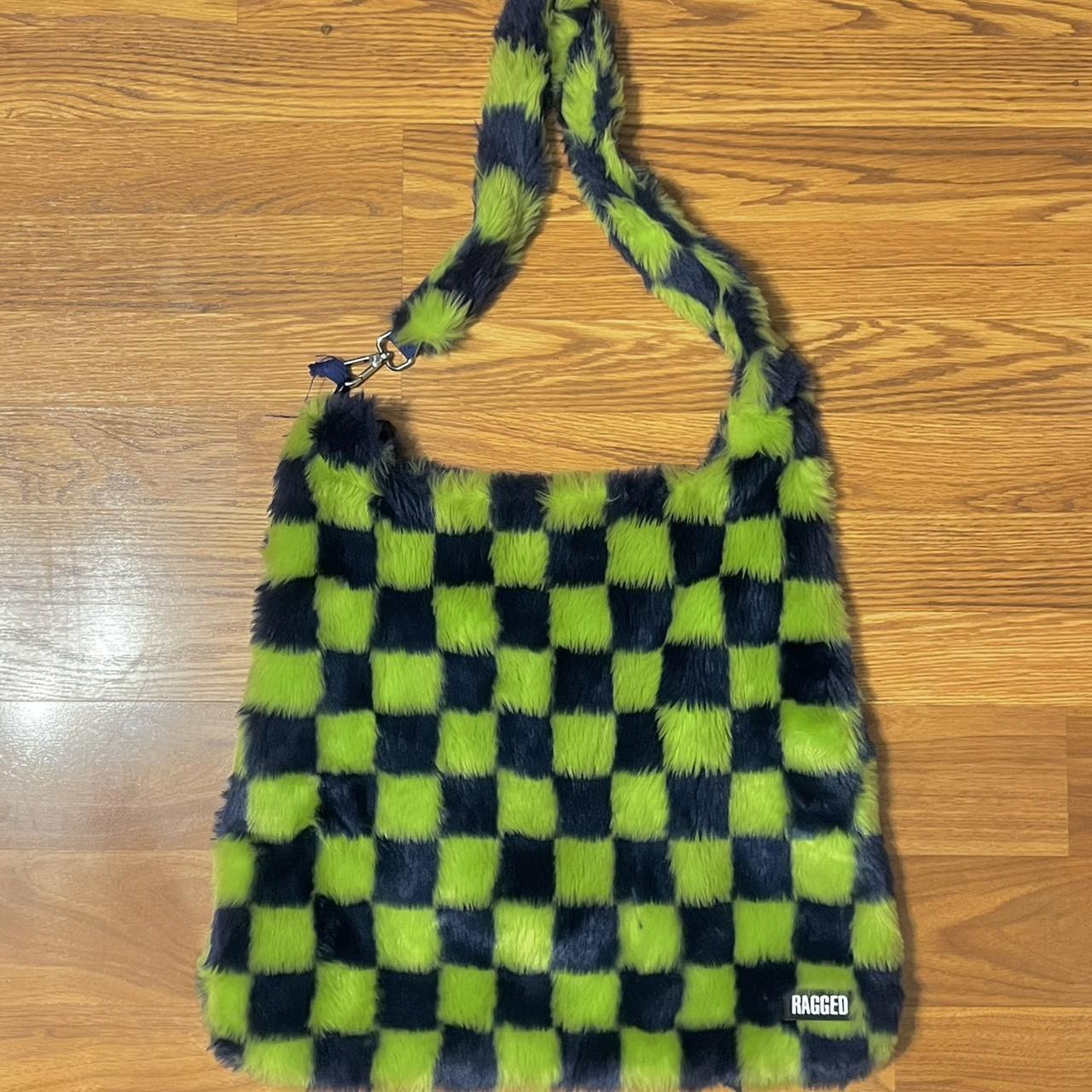 Green and black Ragged faux fur checkered shoulder... - Depop