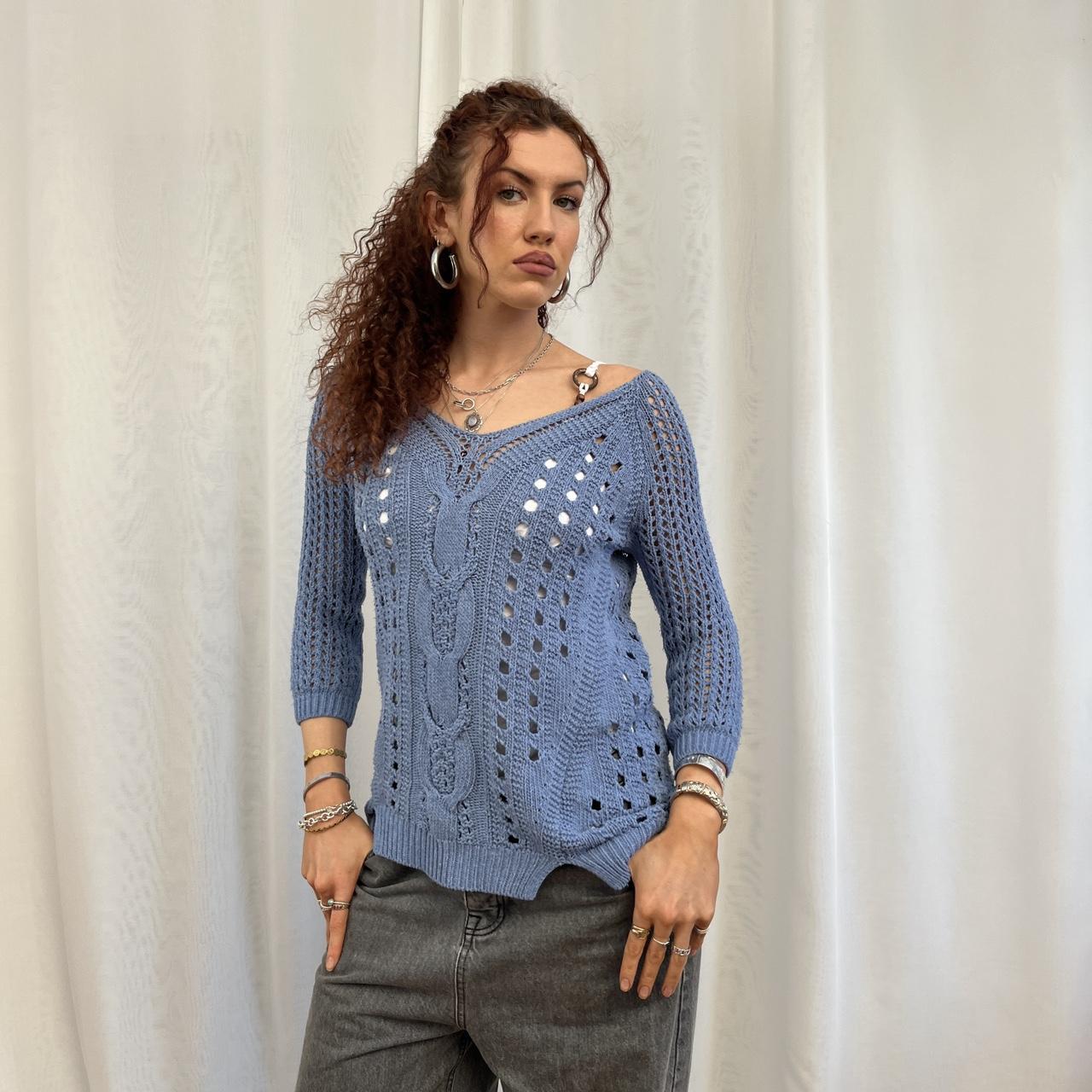 next blue woven fishnet cable jumper size S pit to... | Depop