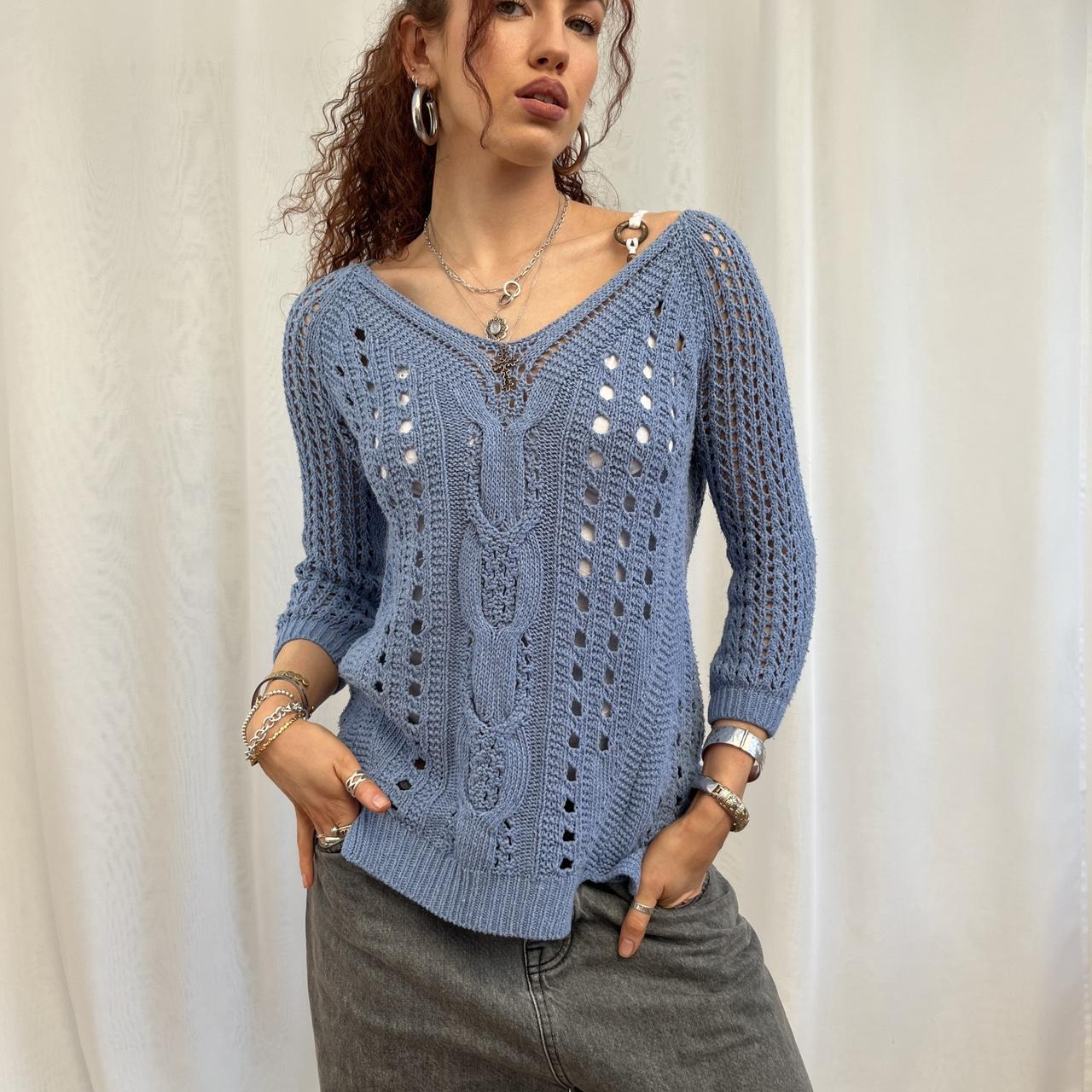 next blue woven fishnet cable jumper size S pit to... | Depop